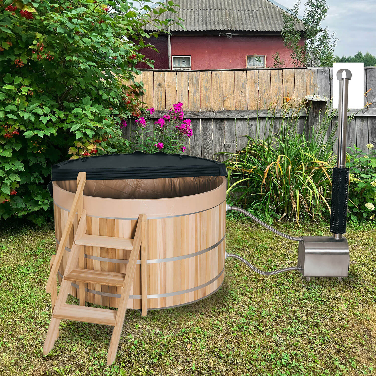 Luxury 4-Person Red Cedar Wood-Fired Outdoor Hot Tub Spa – CHANMEL